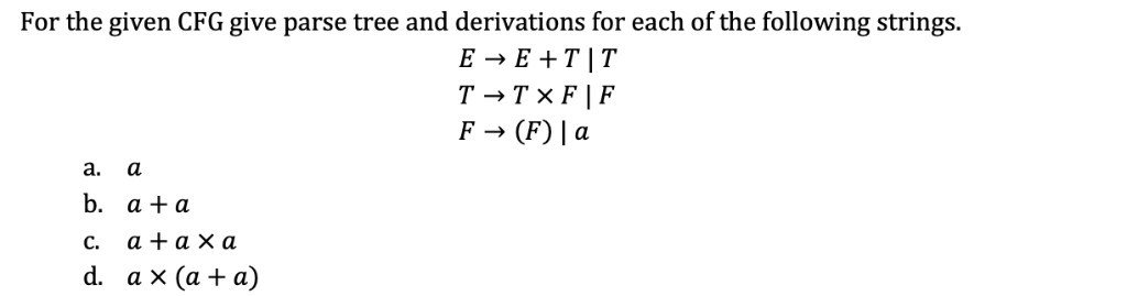 Solved For the given CFG give parse tree and derivations for | Chegg.com