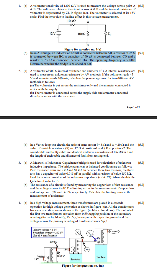 Solved 1. (a) A voltmeter sensitivity of 1200 O/V is used to | Chegg.com