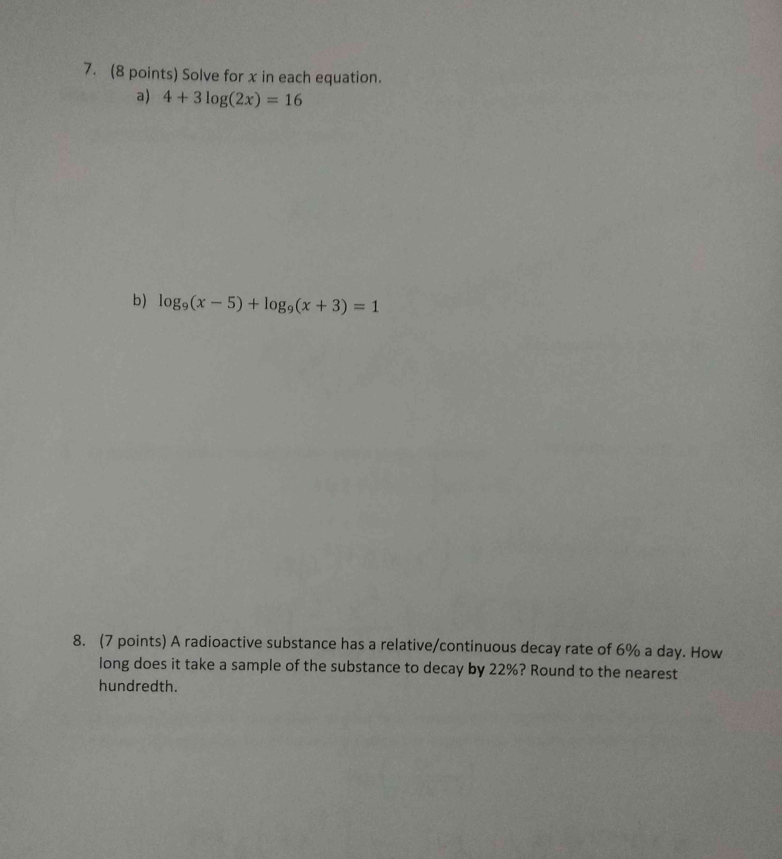 Solved (8 ﻿points) ﻿Solve for x ﻿in each | Chegg.com