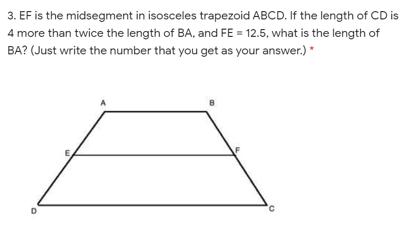 Solved 3. EF is the midsegment in isosceles trapezoid ABCD. | Chegg.com