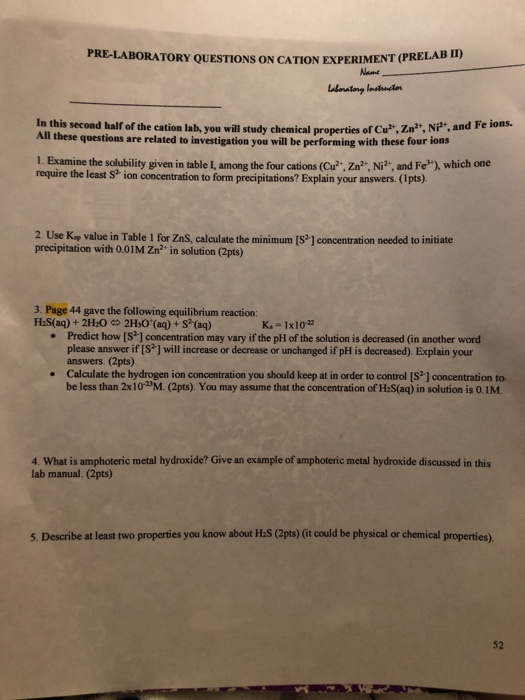 Solved PRE-LABORATORY QUESTIONS ON CATION EXPERIMENT (PRELAB | Chegg.com