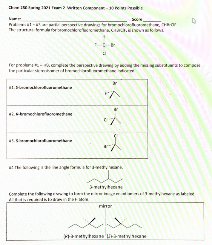 Chem 250 Spring 2021 Exam 2 Written Component - 10 | Chegg.com