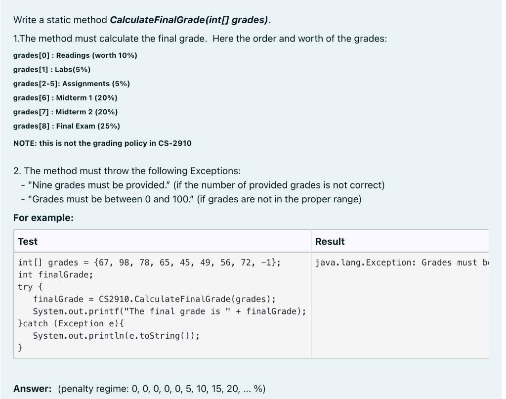 Solved Write a static method Calculate FinalGrade (int[] | Chegg.com