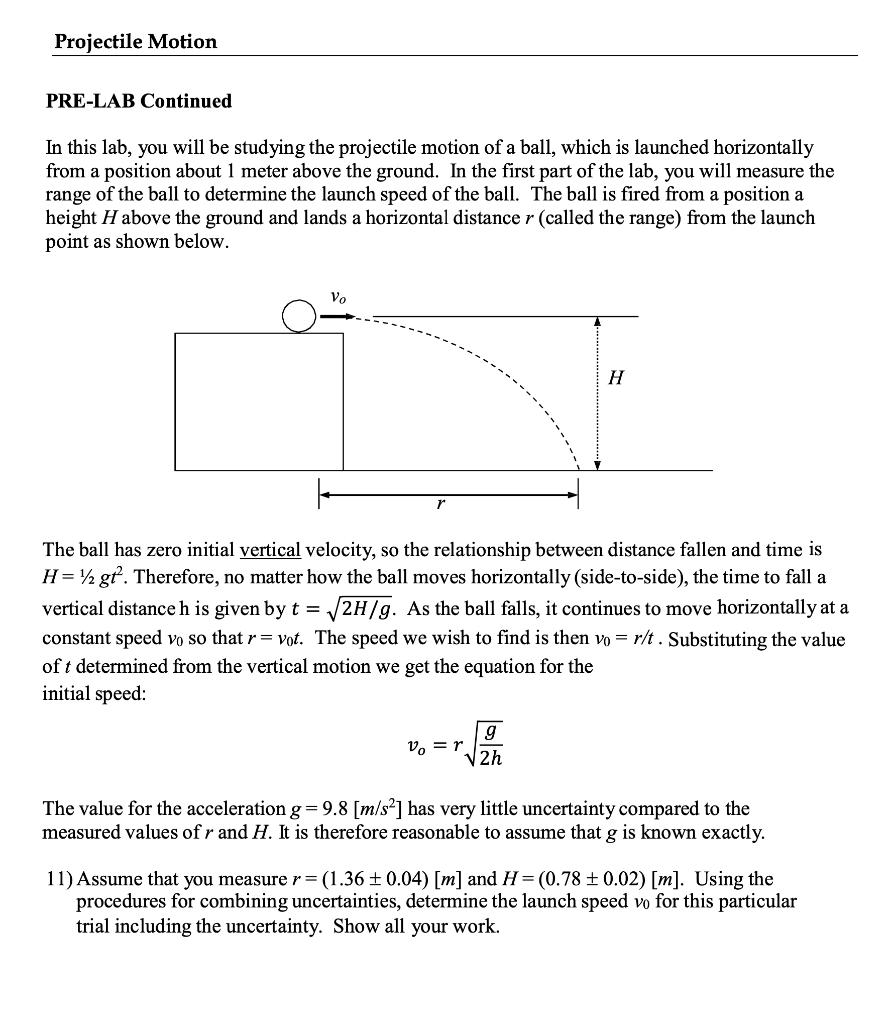 Solved Projectile Motion PRE-LAB Continued In this lab, you | Chegg.com