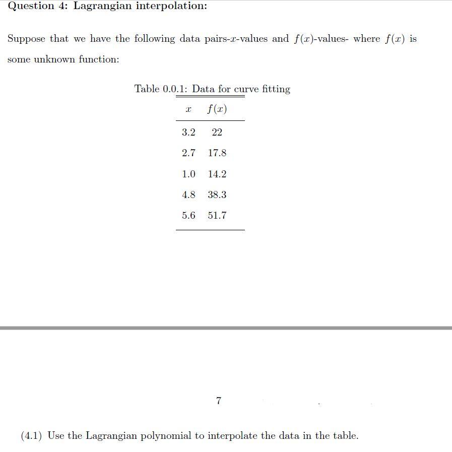 Solved Question 4: Lagrangian interpolation: Suppose that we | Chegg.com