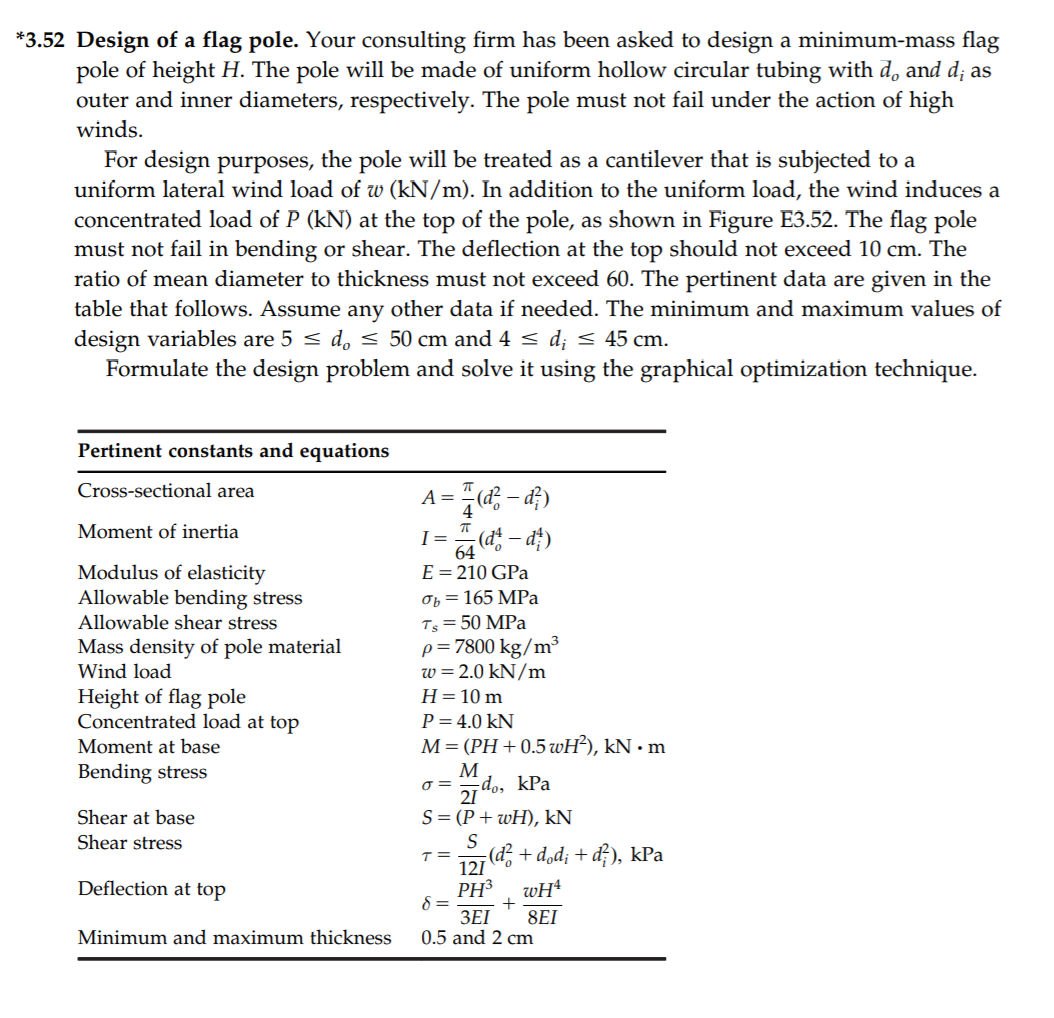Solved *3.52 Design of a flag pole. Your consulting firm has | Chegg.com