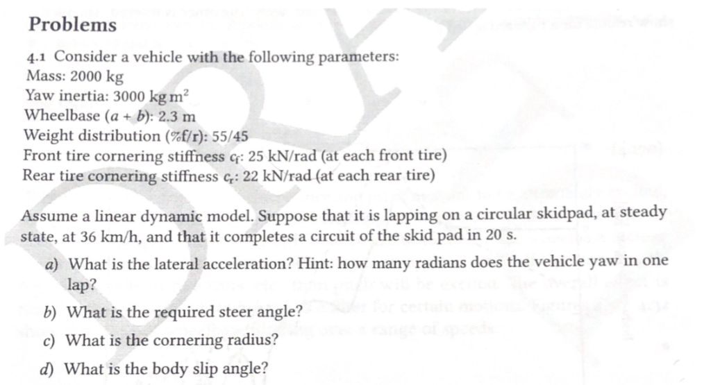 Problems 4.1 Consider a vehicle with the following | Chegg.com