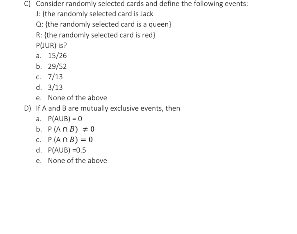 Solved C) ﻿Consider randomly selected cards and define the | Chegg.com