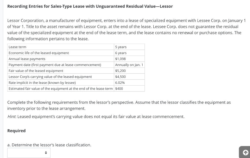 Solved Recording Entries for Sales-Type Lease with | Chegg.com