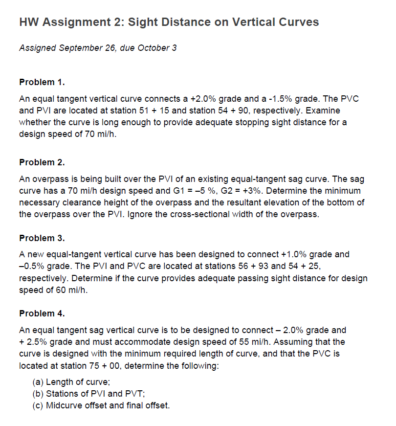 Solved HW Assignment 2: Sight Distance on Vertical Curves | Chegg.com