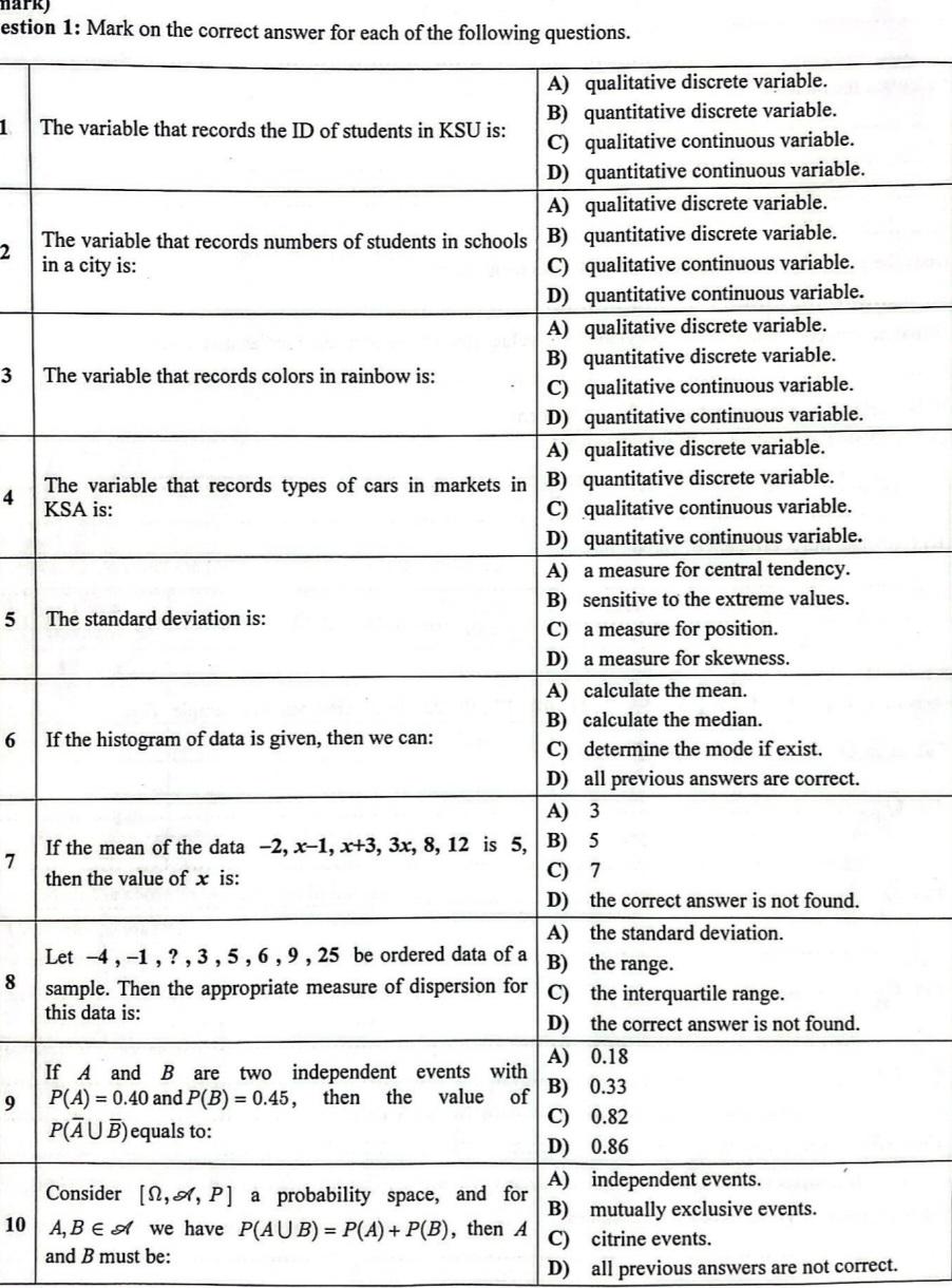 Solved estion 1: Mark on the correct answer for each of the | Chegg.com