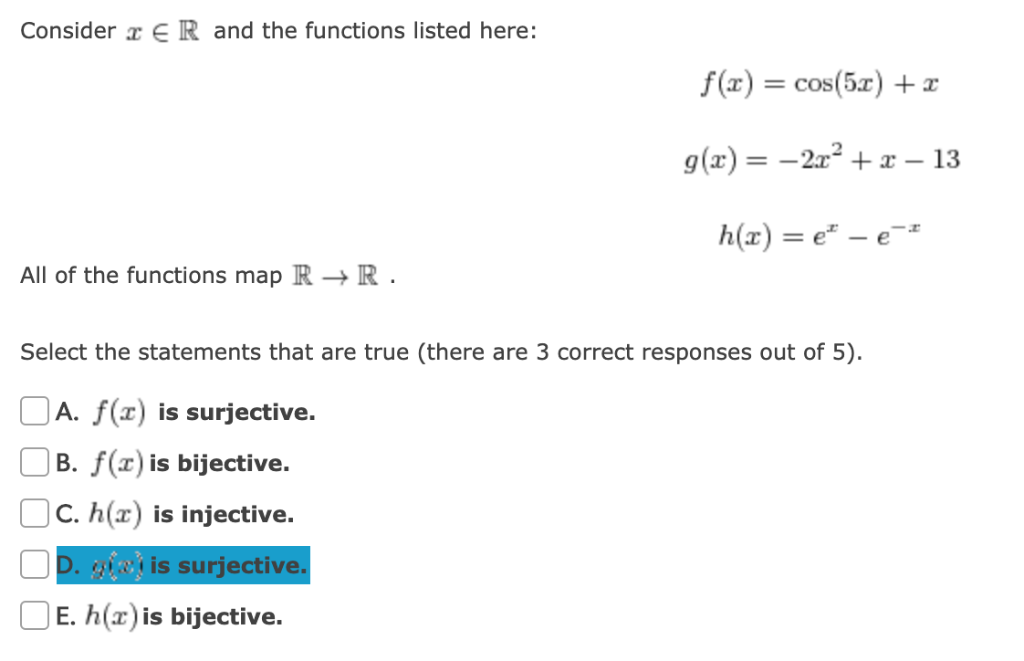 Solved Consider ER and the functions listed here: f(x)= | Chegg.com