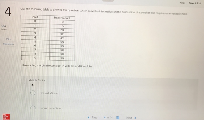 Solved Help Save &Exit Use the following table to answer | Chegg.com