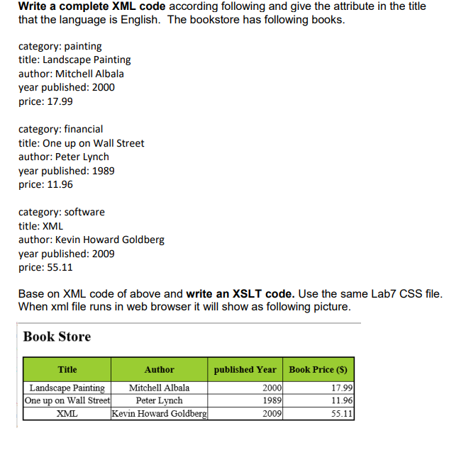 Solved Write a complete XML code according following and | Chegg.com