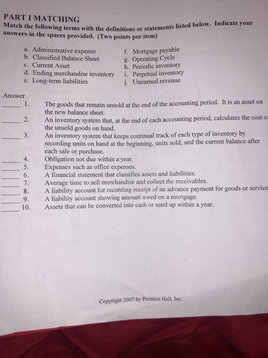 Solved PARTI MATCHING vith the definitions or statements | Chegg.com