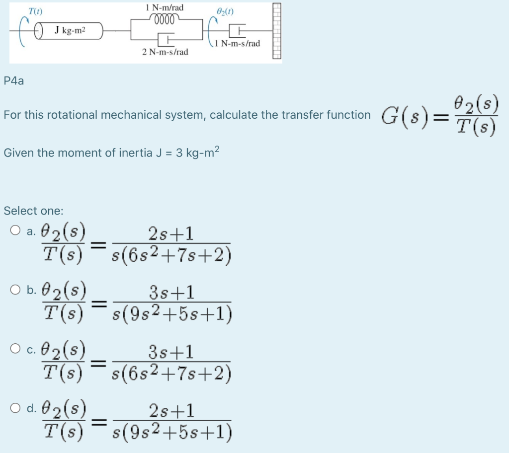 Solved T(1) 1 N-m/rad 0000 02(1) J kg-m2 If I 2 N-m-s/rad | Chegg.com