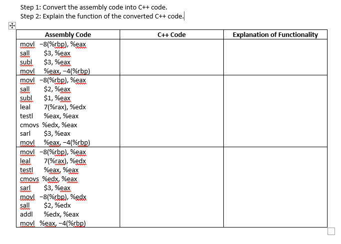 Solved Step 1: Convert the assembly code into C++ code. Step | Chegg.com