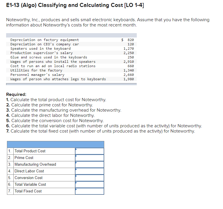 Solved E1-13 (Algo) Classifying and Calculating Cost [LO | Chegg.com