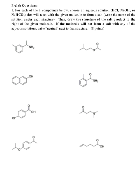 Solved Prelab Questions: 1. For each of the 8 compounds | Chegg.com