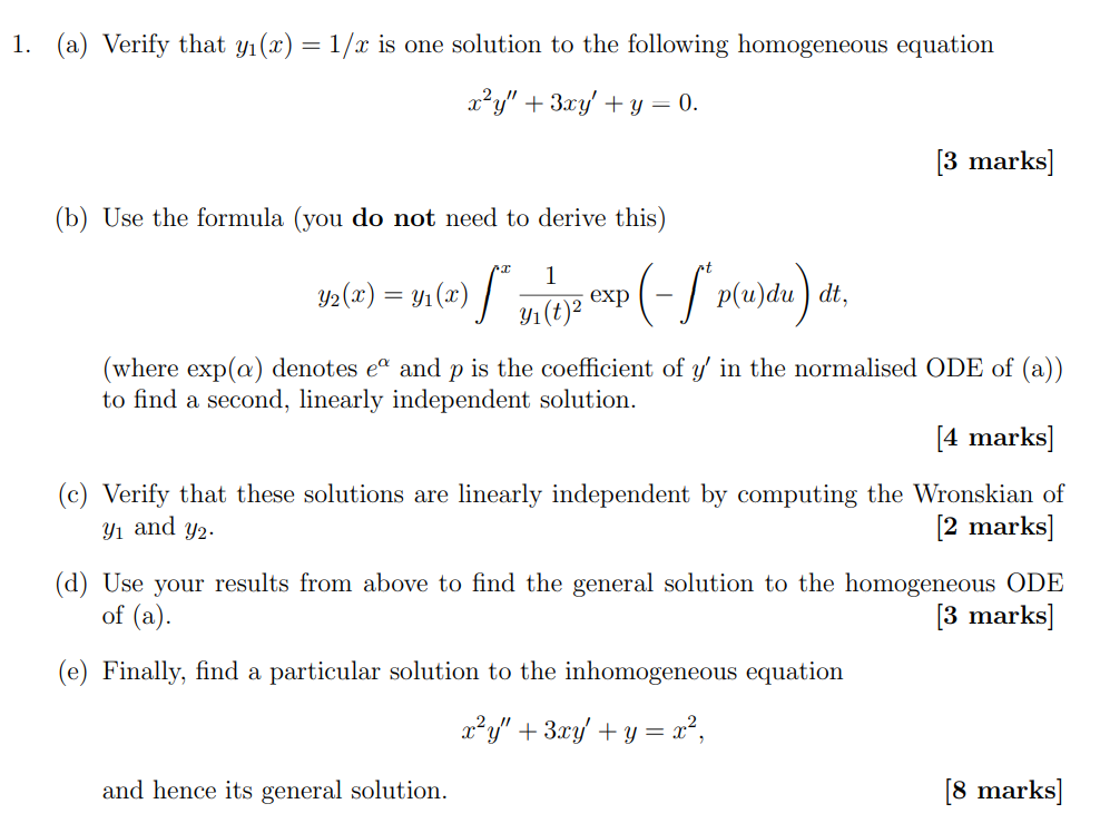 Solved (a) Verify that y1(x)=1/x is one solution to the | Chegg.com