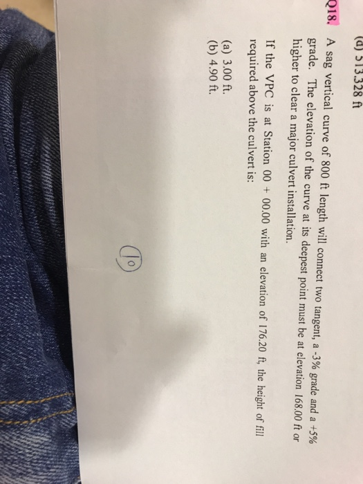 Solved d) 513.328 ft Q18. A sag vertical curve of 800 ft | Chegg.com