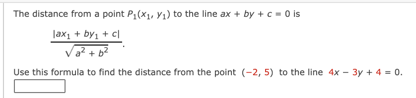 Solved The distance from a point P1(x1, y1) to the line ax + | Chegg.com