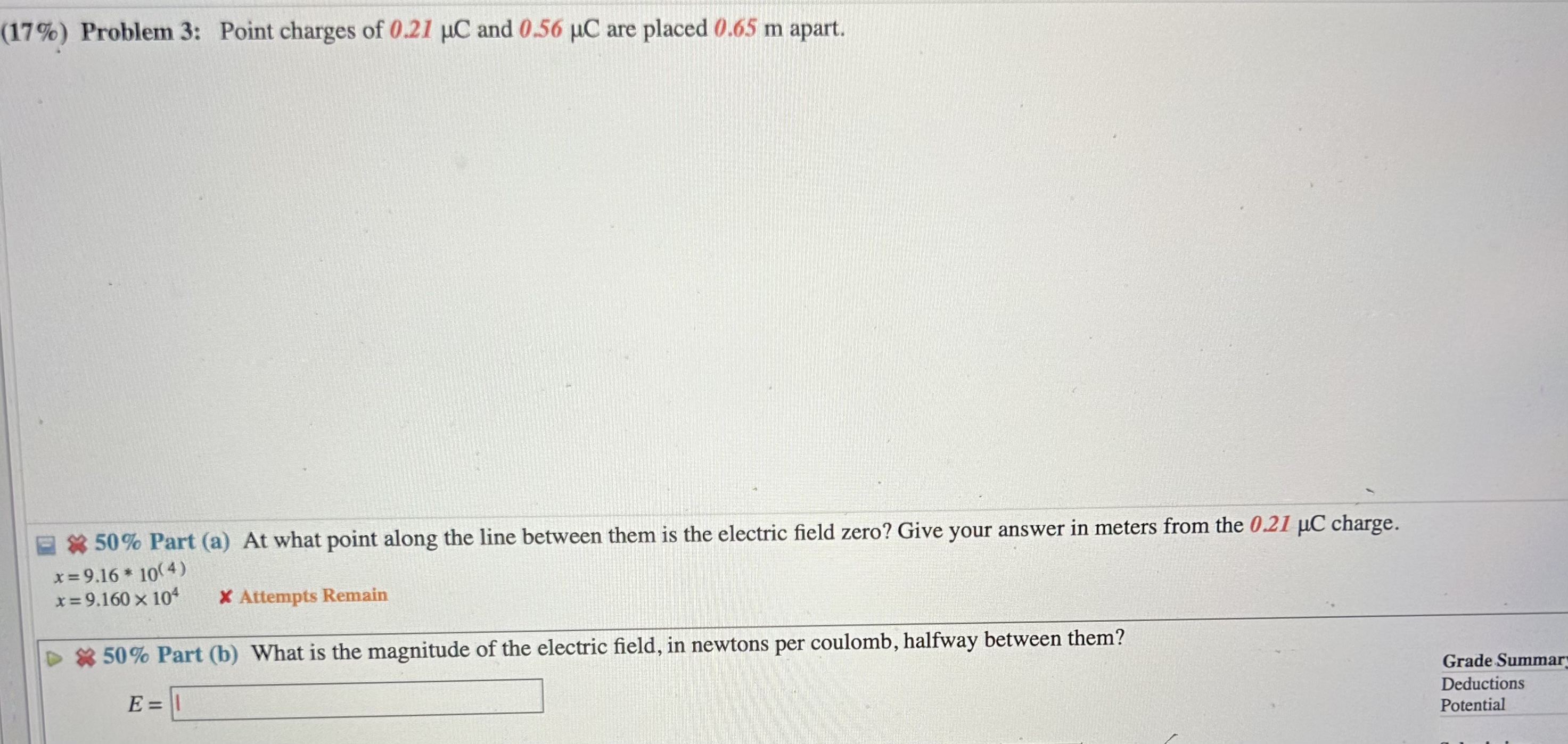 Solved (17%) ﻿Problem 3: Point charges of 0.21μC ﻿and 0.56μC | Chegg.com