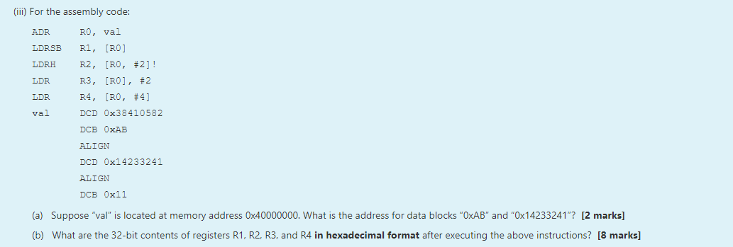 (i) For the assembly code: ADR LDRSB LDRH RO, val Ri, | Chegg.com