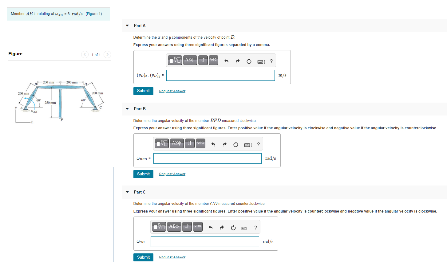 Solved Member AB is rotating at WAB = 6 rad/s. (Figure 1) | Chegg.com