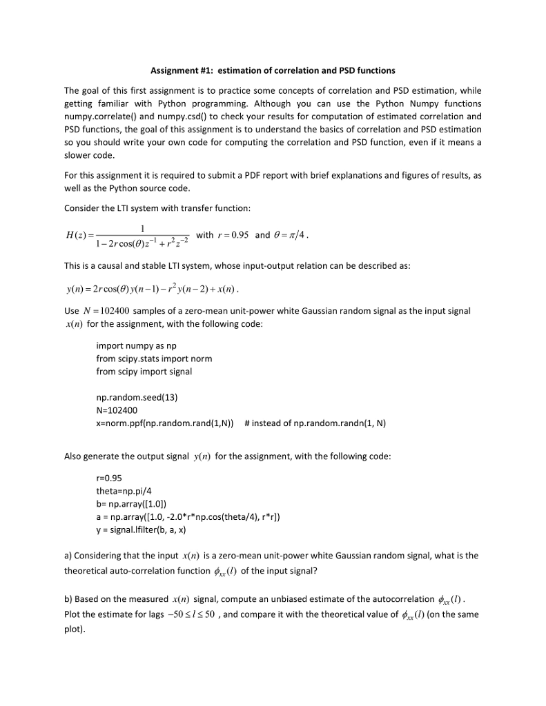 Assignment #1: estimation of correlation and PSD | Chegg.com