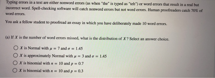 Solved Typing errors in a text are either nonword errors (as | Chegg.com