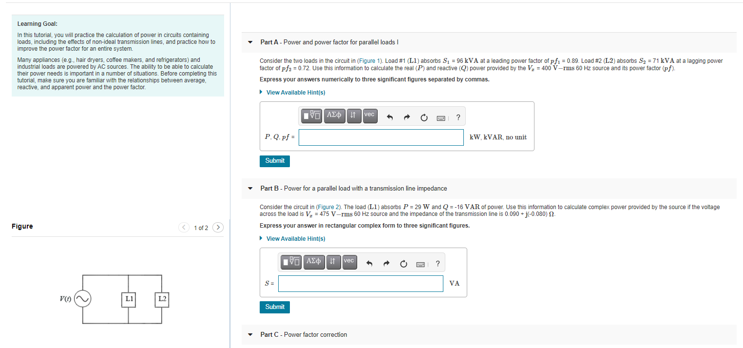 Solved Part A - Power and power factor for parallel loads | Chegg.com