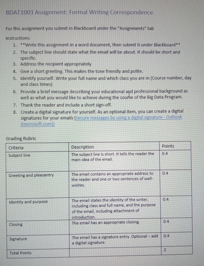 Solved BDAT1003 Assignment: Formal Writing Correspondence | Chegg.com