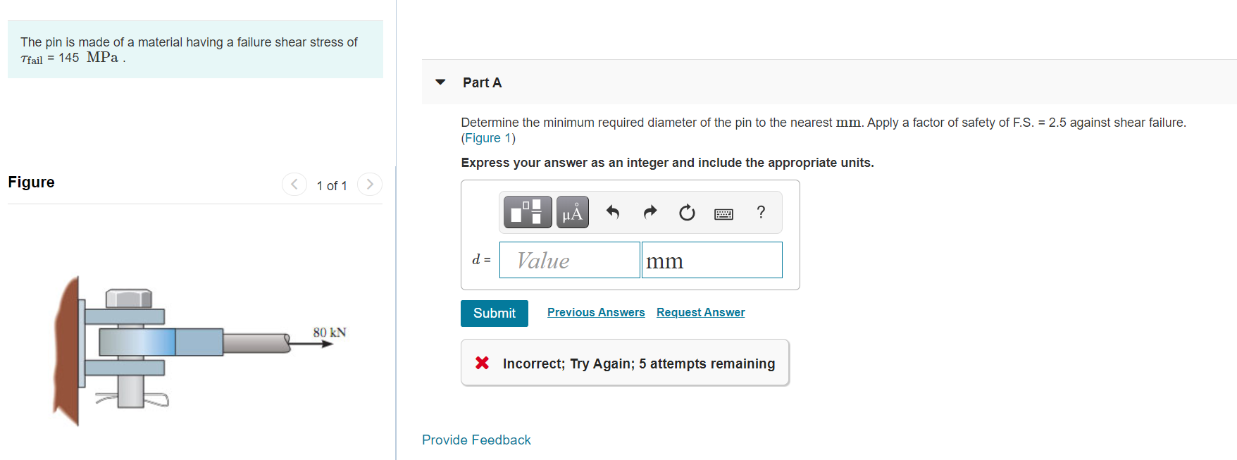 Solved The pin is made of a material having a failure shear | Chegg.com