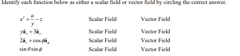 Solved Identify each function below as either a scalar field | Chegg.com
