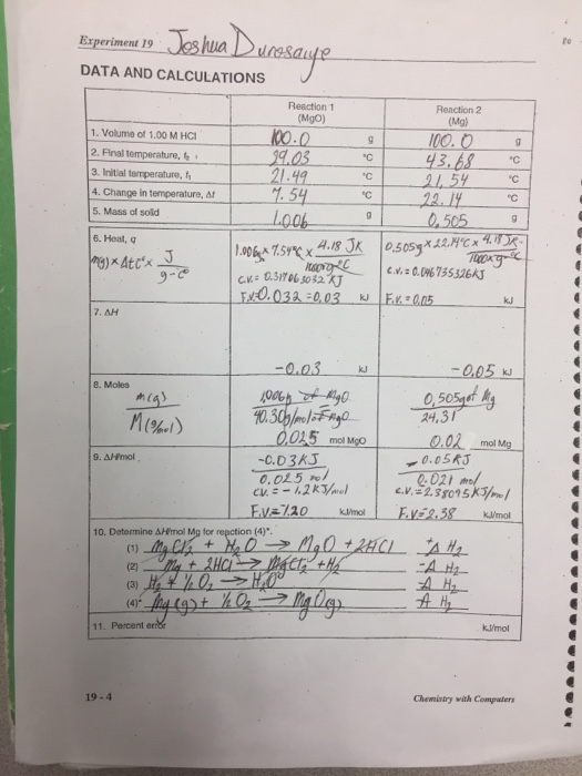 Solved Experiment 19 DATA AND CALCULATIONS Reaction 1 (MgO) | Chegg.com