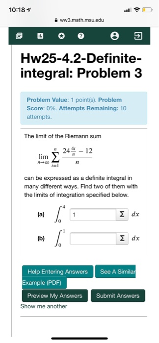 Solved 10:18 ww3.math.msu.edu Hw25-4.2-Definite- integral: | Chegg.com