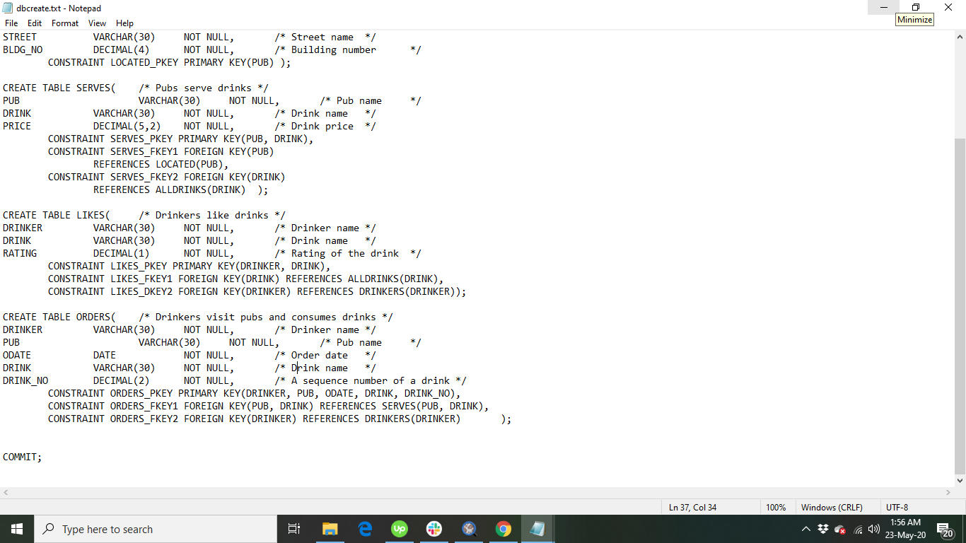 Minimize dbcreate.txt - Notepad File Edit Format View | Chegg.com