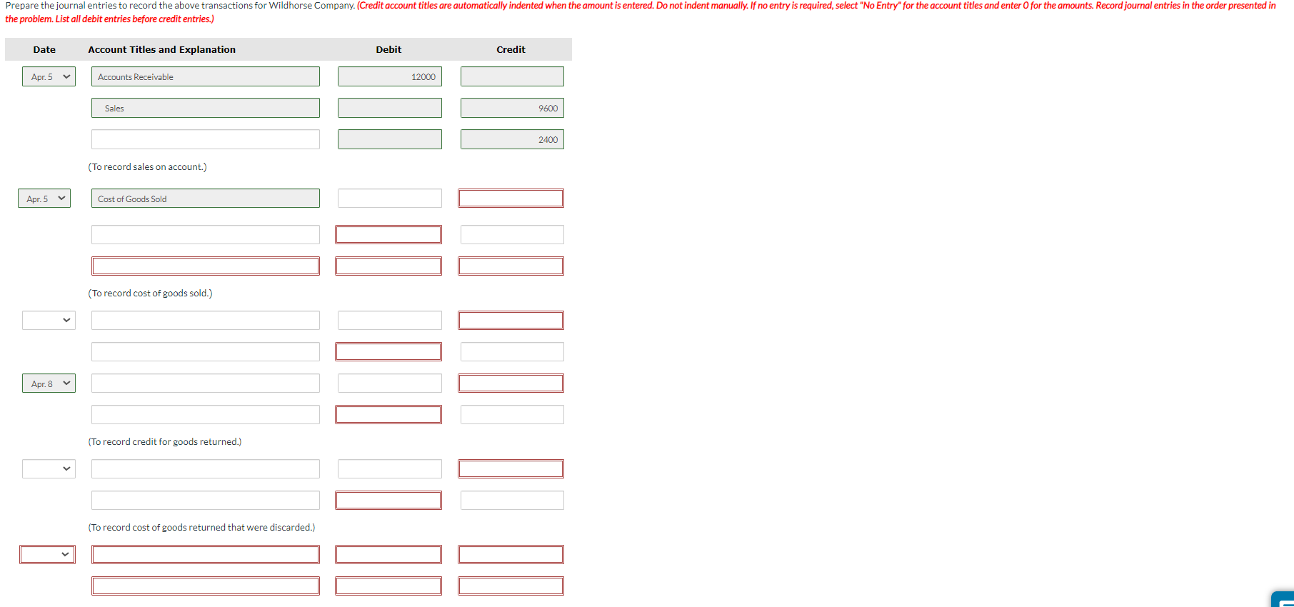 Solved Please provide journal entries for wildhorse company. | Chegg.com