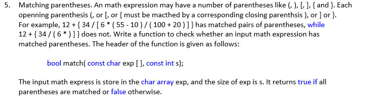 Solved 5. Matching parentheses. An math expression may have | Chegg.com