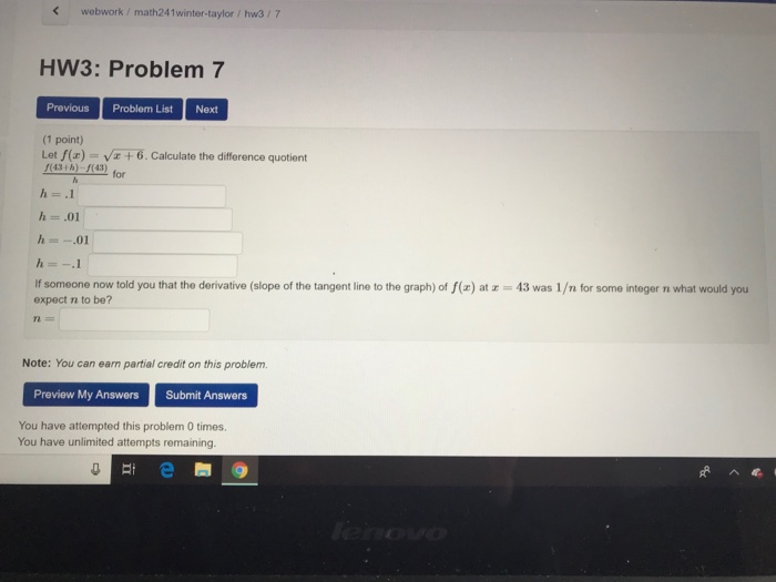 Solved webwork / math241winter-taylor/hw3/7 HW3: Problem 7 | Chegg.com