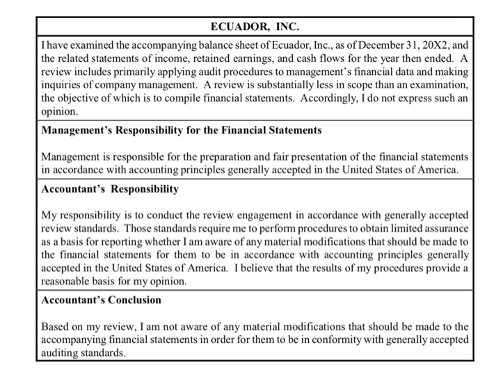 Solved A CPA reviewed the financial statements for Ecuador, | Chegg.com