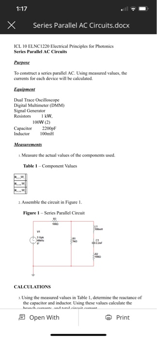 1:17 X Series Parallel AC Circuits.docx ICL 10 | Chegg.com