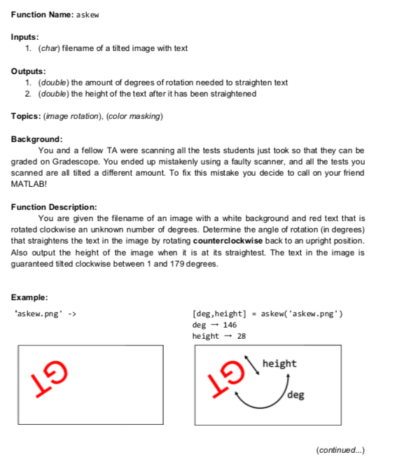 Function Name: askew Inputs: 1. (char) filename of a | Chegg.com