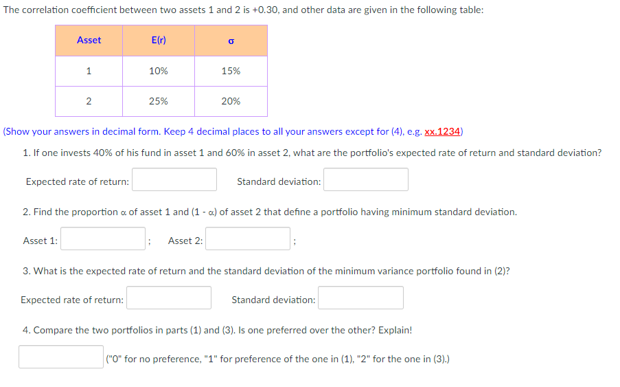 Solved The correlation coefficient between two assets 1 and | Chegg.com