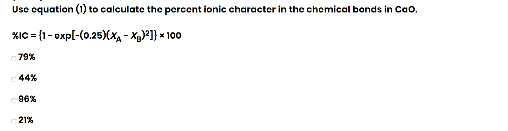 Solved Use equation (1) to calculate the percent ionic | Chegg.com