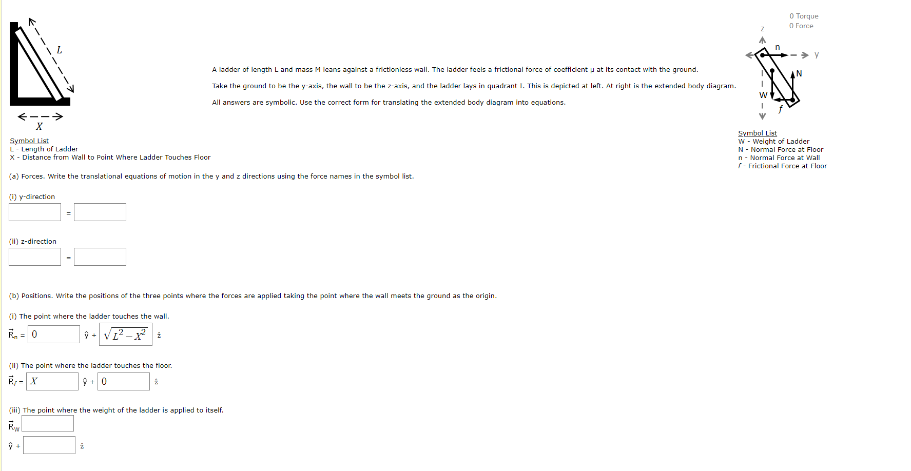 Solved O Torque O Force - - - - > y - A ladder of length L | Chegg.com