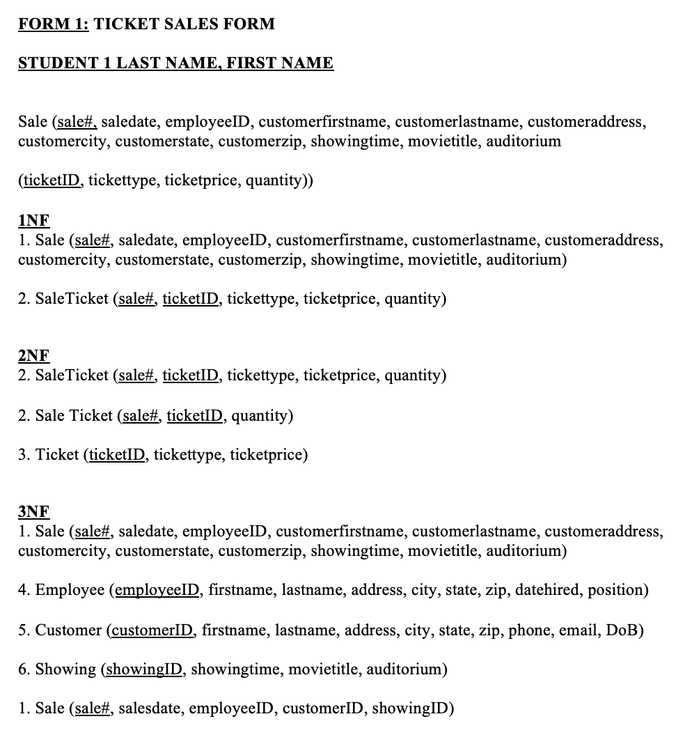 Solved must be in 1NF, 2NF, 3NF, and final for billing form. | Chegg.com