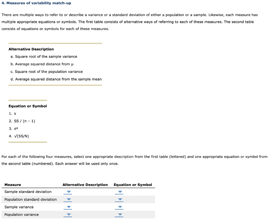 Solved 4. Measures of variability match-up multiple | Chegg.com