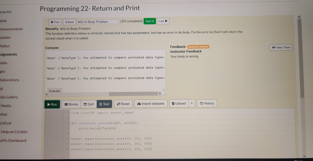 Solved Programming 22- Return and Print 2020 ome nouncements | Chegg.com